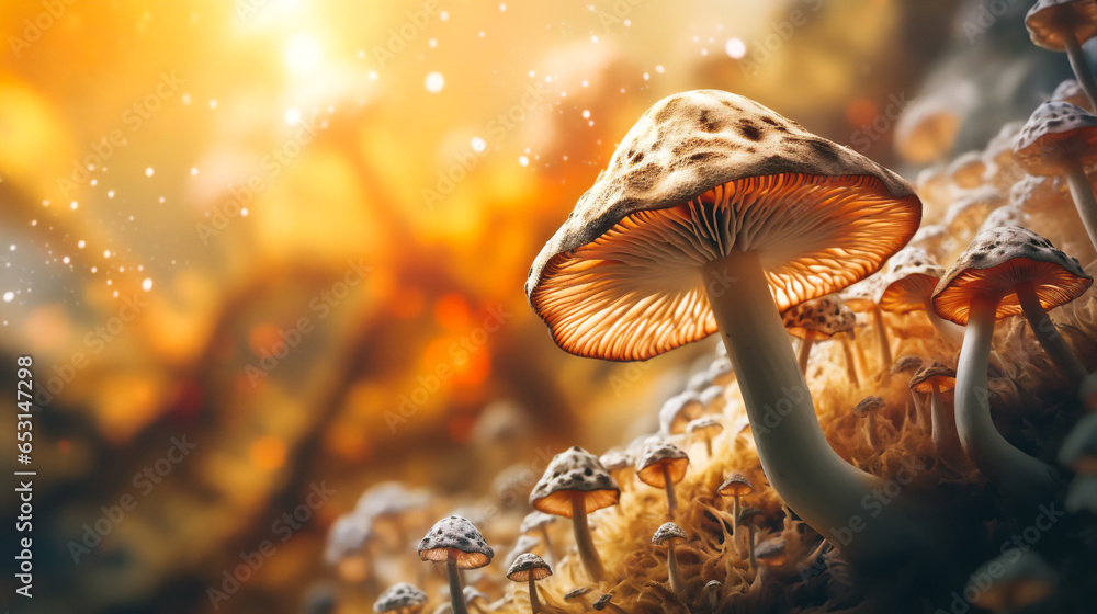 a close-up of a vibrant, medicinal mushroom with intricate patterns and ...