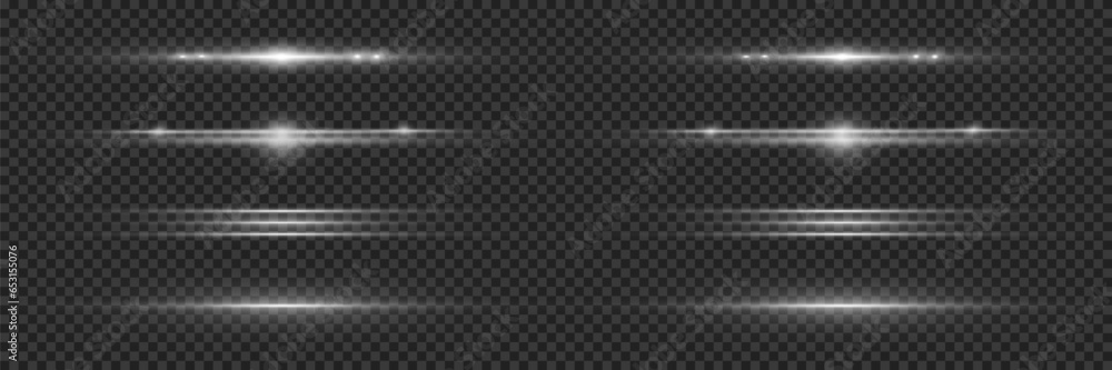 Set of white horizontal highlights. Laser beams, horizontal light beams ...