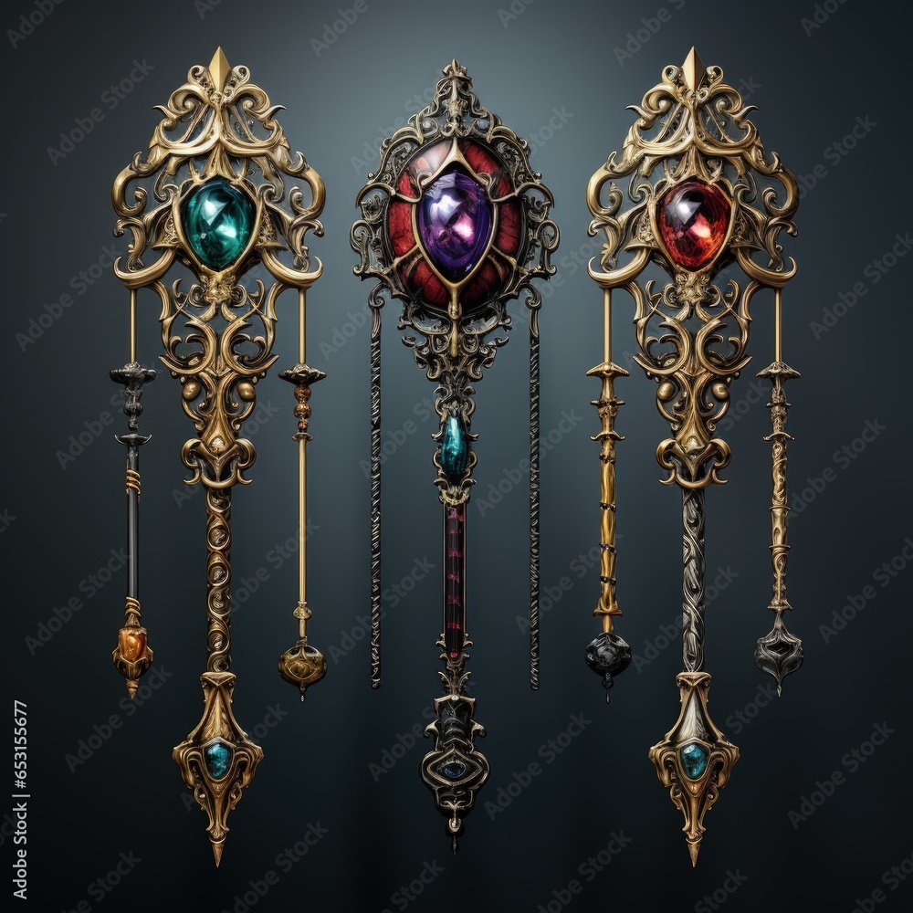 Fanatsy weapons of dark powers from ancient times isolated on dark ...