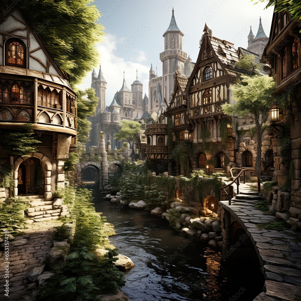 AI art. AI illustration of a fantasy location with an ancient tower and ...