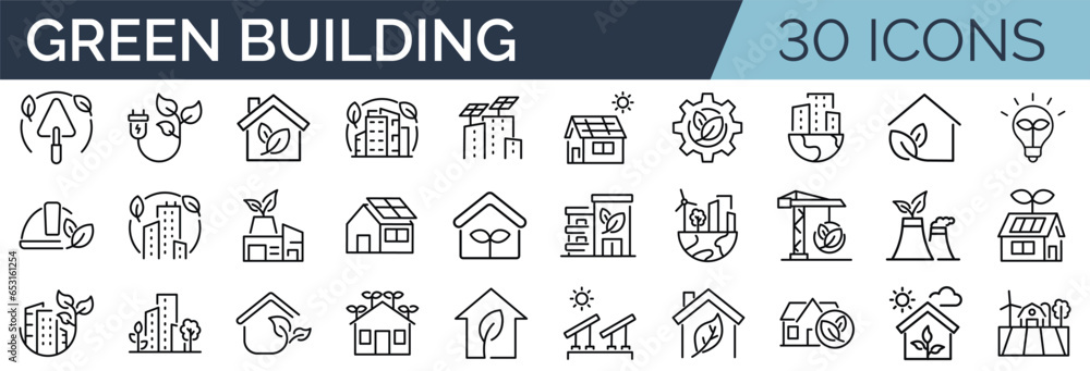 Set of 30 outline icons related to green building. Linear icon ...