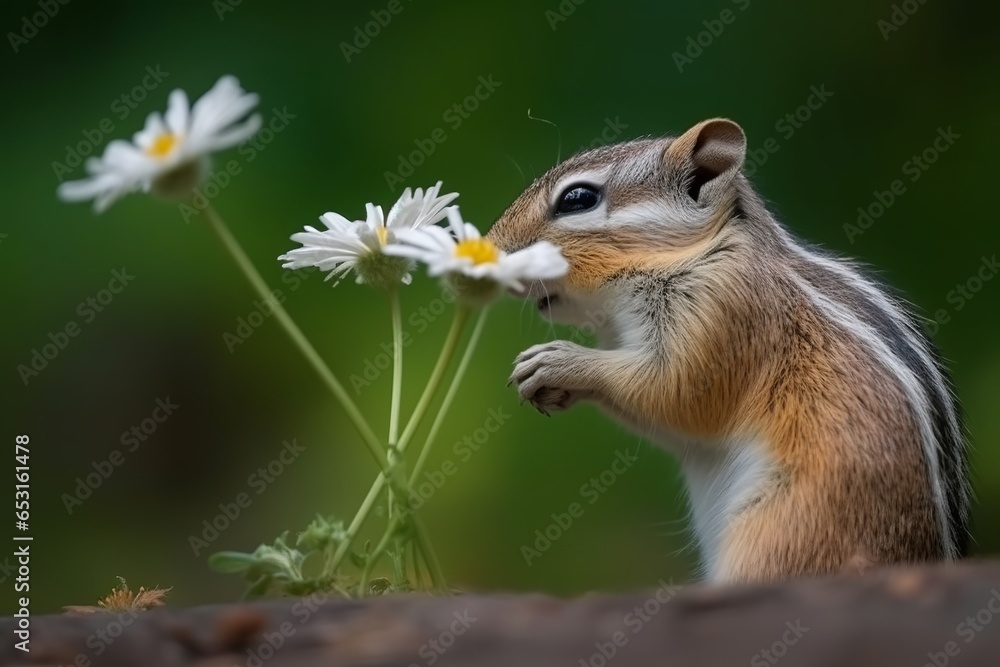 Cutest squirrel smelling a flower. Little chipmunk (Eutamias sibiricus ...