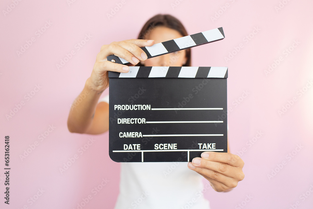 hand holding movie clapper clapboard film action concept director scene ...