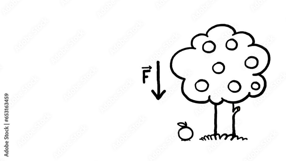 Cartoon apple tree with falling fruit black and white whiteboard ...