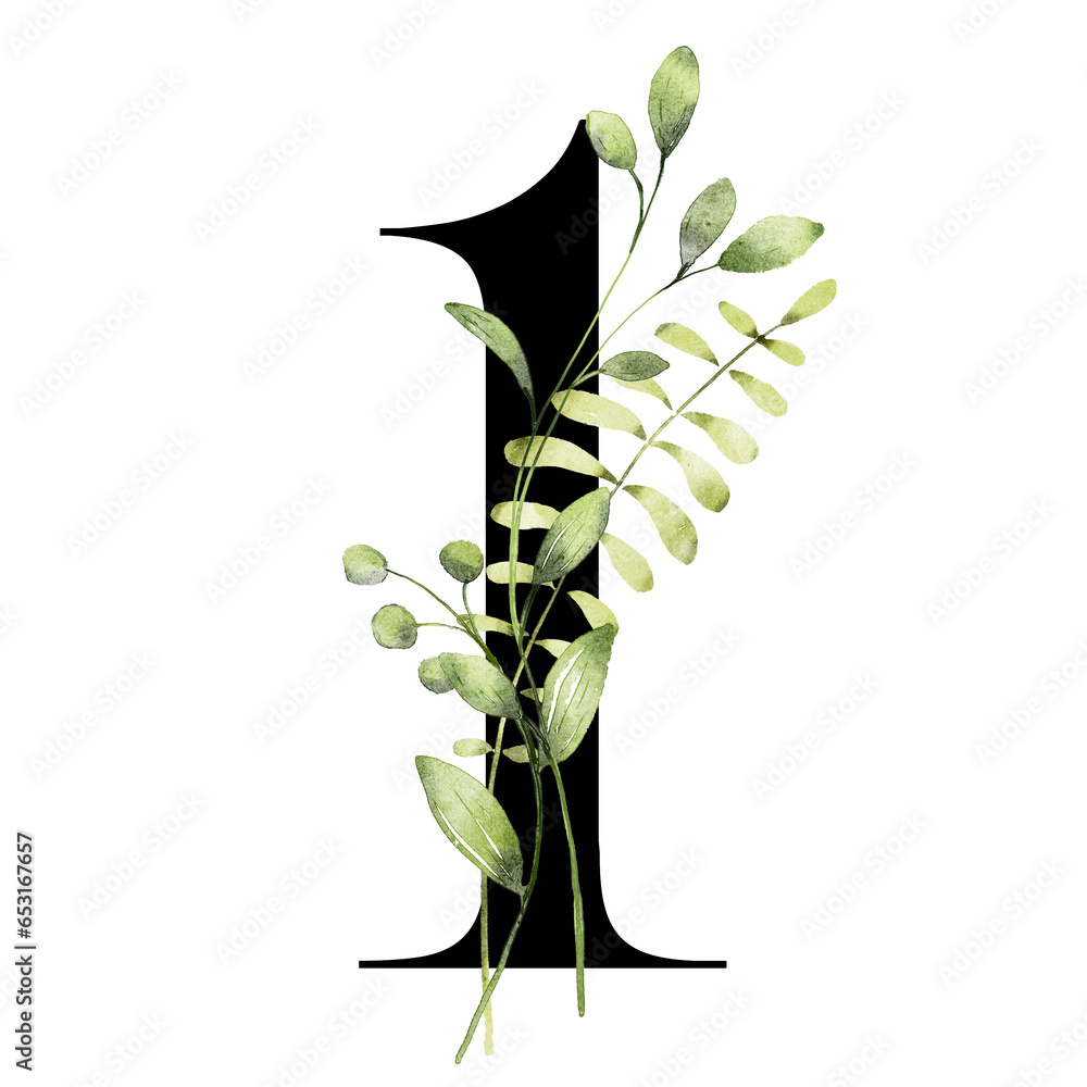 Number 1, one with watercolor leaves hand painting. Perfectly for ...