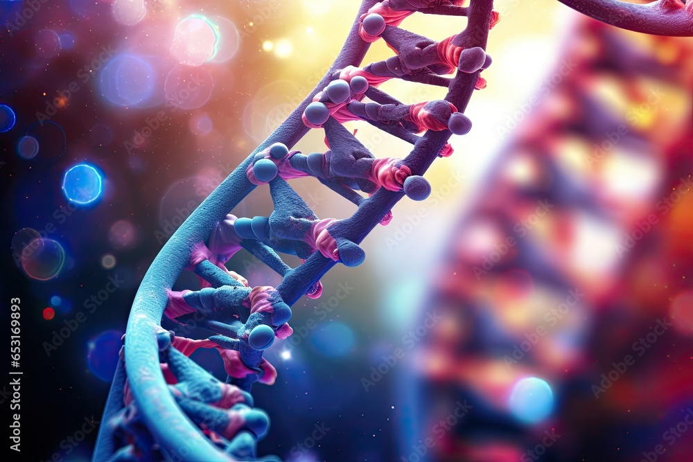 3d illustration of dna structure over colorful background with bokeh ...