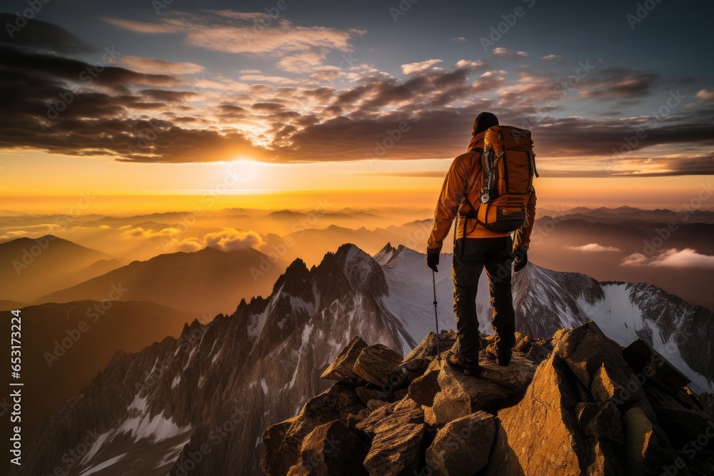 freedom concept A man on top of a mountain celebrating with his arms ...