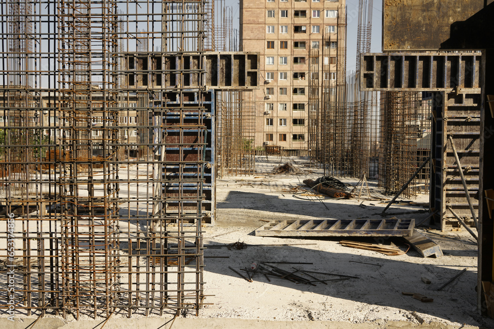 Steel bars for reinforcing concrete. Construction of an apartment house ...