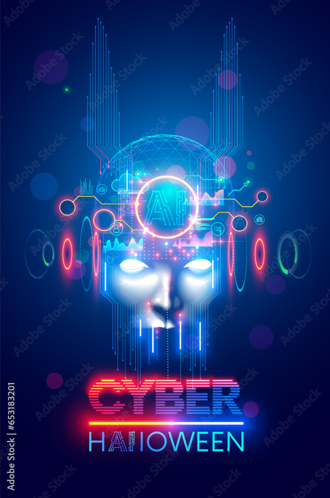 Evil in image scary AI robot face with horns. Spooky artificial ...