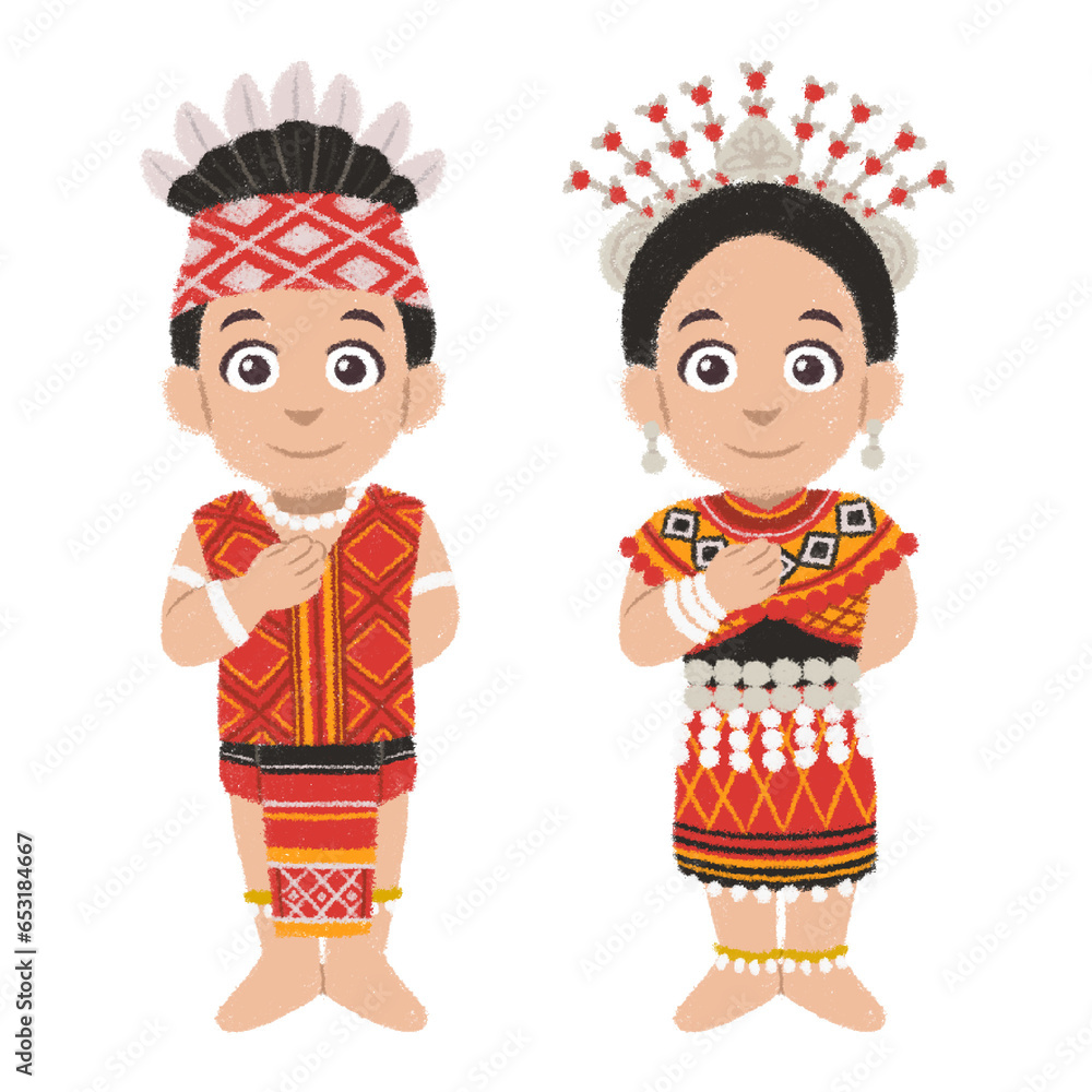 Cartoon Malaysia people in Iban traditional costumes Stock Illustration ...