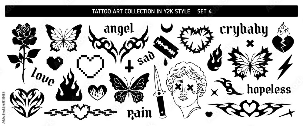 Y2k Tattoo art designs in 2000s style 4. Black Butterfly, kife, flame ...