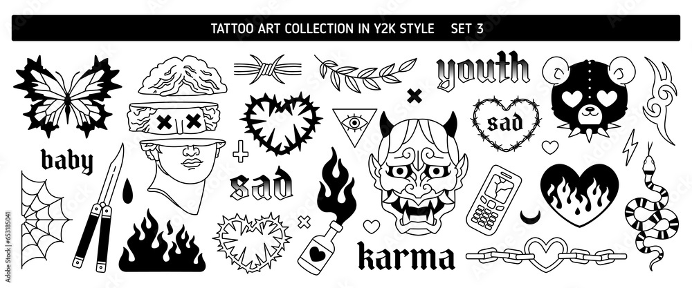 Y2k Tattoo art designs in 2000s style 3. Butterfly knife, demon mask ...