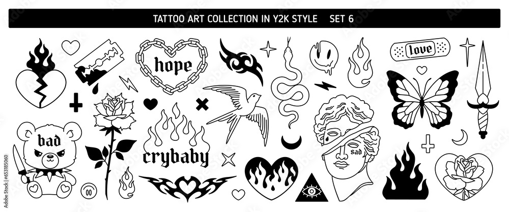 Y2k Tattoo art designs in 2000s style 6. Line art Butterfly, dagger ...