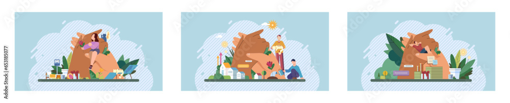 Wellbeing metaphor. Vector illustration. Support insurance, parachute ...