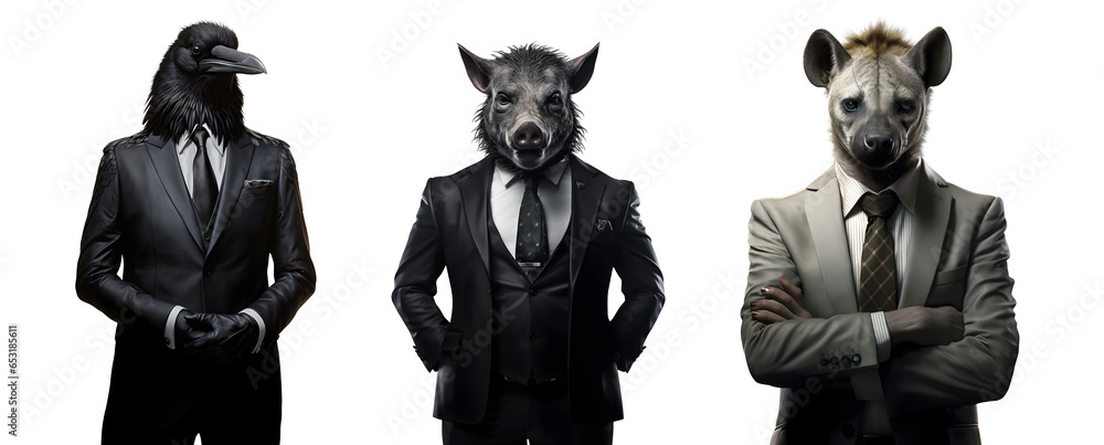 Foto Stock Set of creative animal head in business suit and standing ...