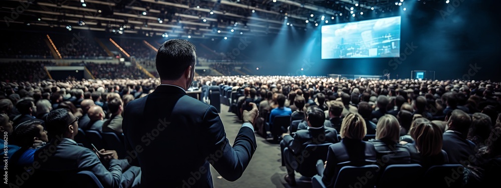 rearview of businessman conference speaker instuctor gave speech on ...