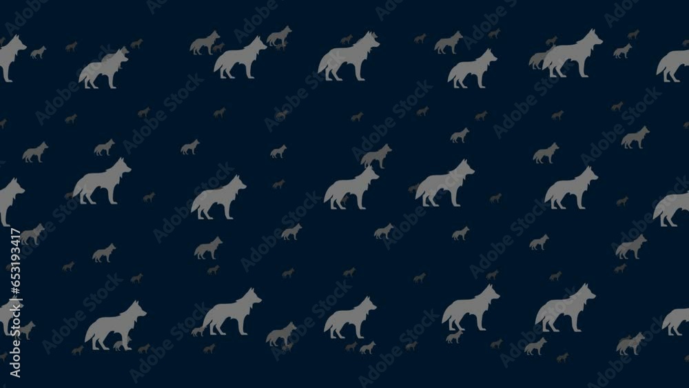 Wolf symbols float horizontally from left to right. Parallax fly effect ...