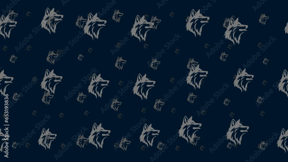 Wolf heads float horizontally from left to right. Parallax fly effect ...