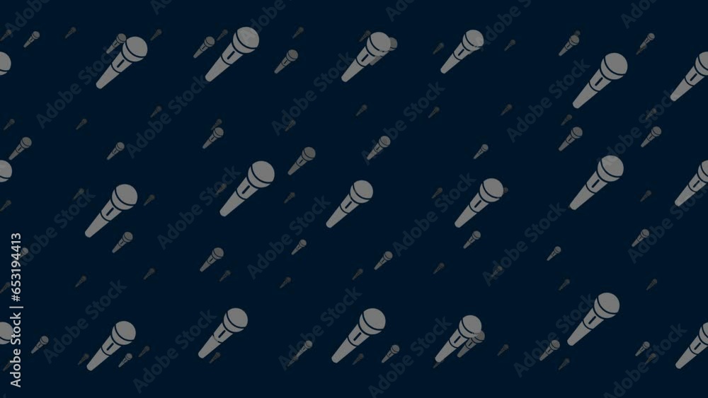 Microphone symbols float horizontally from left to right. Parallax fly ...