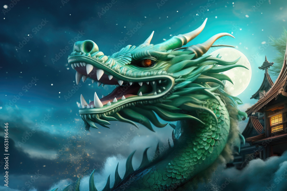 Green dragon head on traditional Chinese houses and night sky ...