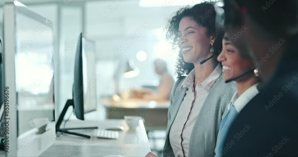 Call center training, laughing and woman in a office with online ...
