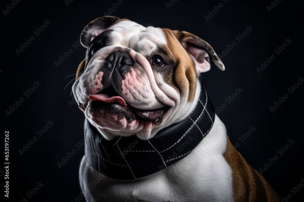 Headshot portrait photography of a happy bulldog wearing an anxiety ...