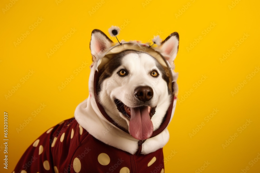 Lifestyle portrait photography of a happy siberian husky wearing a bee ...