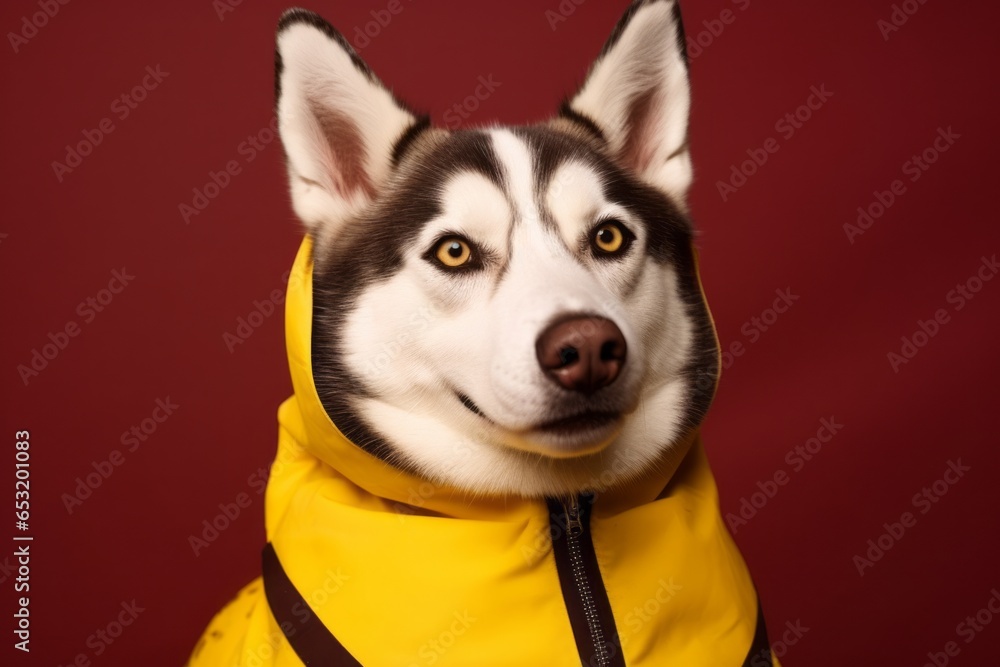 Lifestyle portrait photography of a happy siberian husky wearing a bee ...