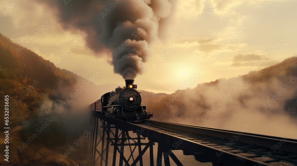 Vintage Train Adventure: Steam Locomotive Crossing a High Bridge Over ...