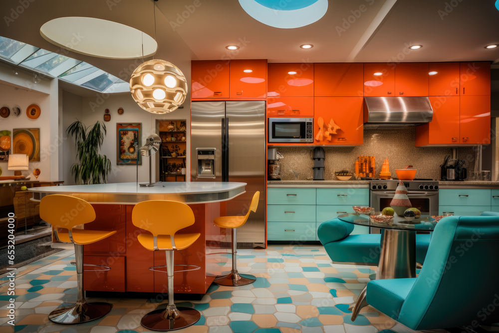 Step into a vibrant 1970s disco-inspired modern kitchen, adorned with ...