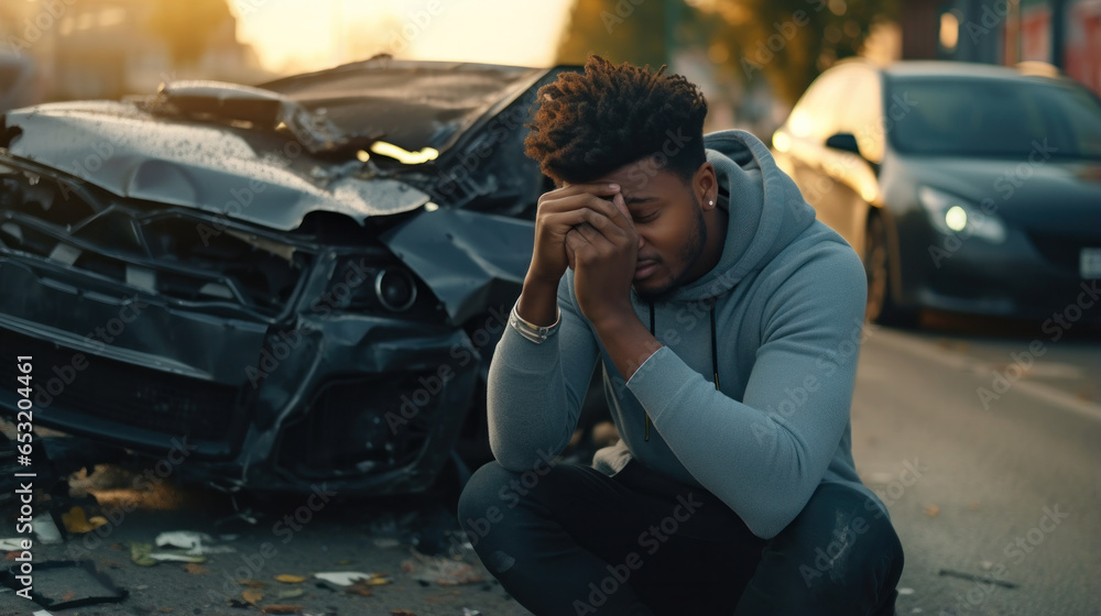 Car Accident Aftermath: Young Black Man Driver Holds Head in Disbelief ...