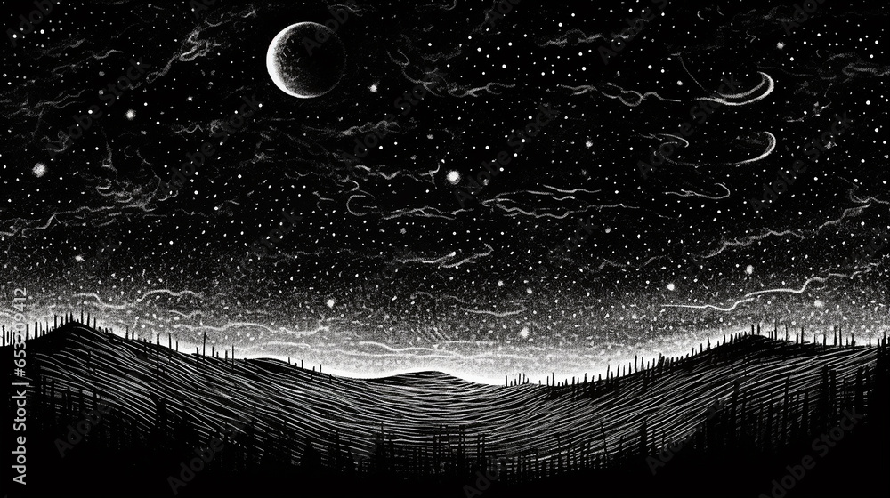 moon surface black and white line drawing black sky AI Generated Image ...