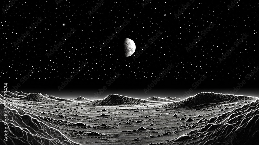 moon surface black and white line drawing black sky AI Generated Image ...