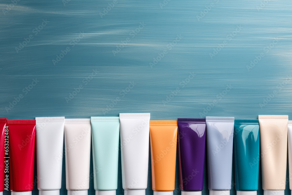 Variety of toothpaste brands arranged background with empty space for ...