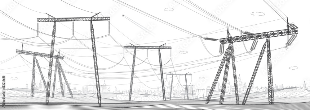 High voltage transmission systems. Electric pole. Power lines. A ...