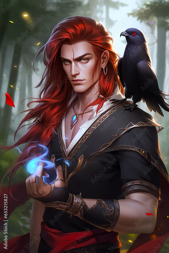 Handsome muscular red-haired man in black clothes, with a raven, on the ...