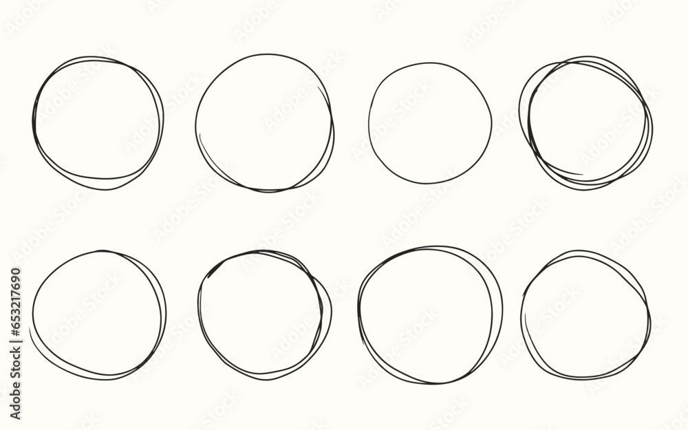 Hand drawn doodle circle frames set. Round shape border frame in line ...