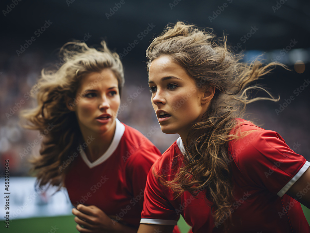 Female football or soccer players play a competitive action packed ...