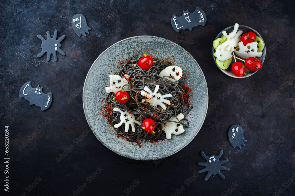 Traditional Halloween octopus spaghetti with Dracula spiders, bats and ...