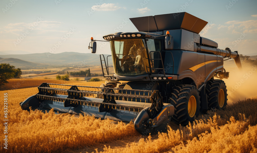 Combine harvester harvesting golden ripe wheat in field. Agriculture ...