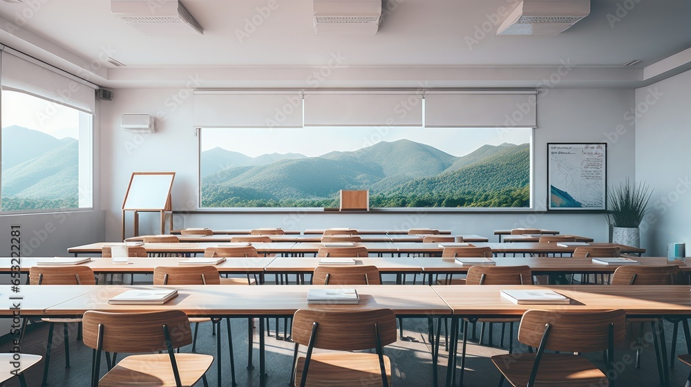Empty classroom with minimalistic design. Extreme long shot captures ...