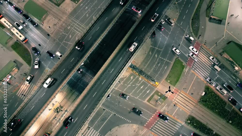 Top down night city roads with cars driving aerial view. Nightly urban ...