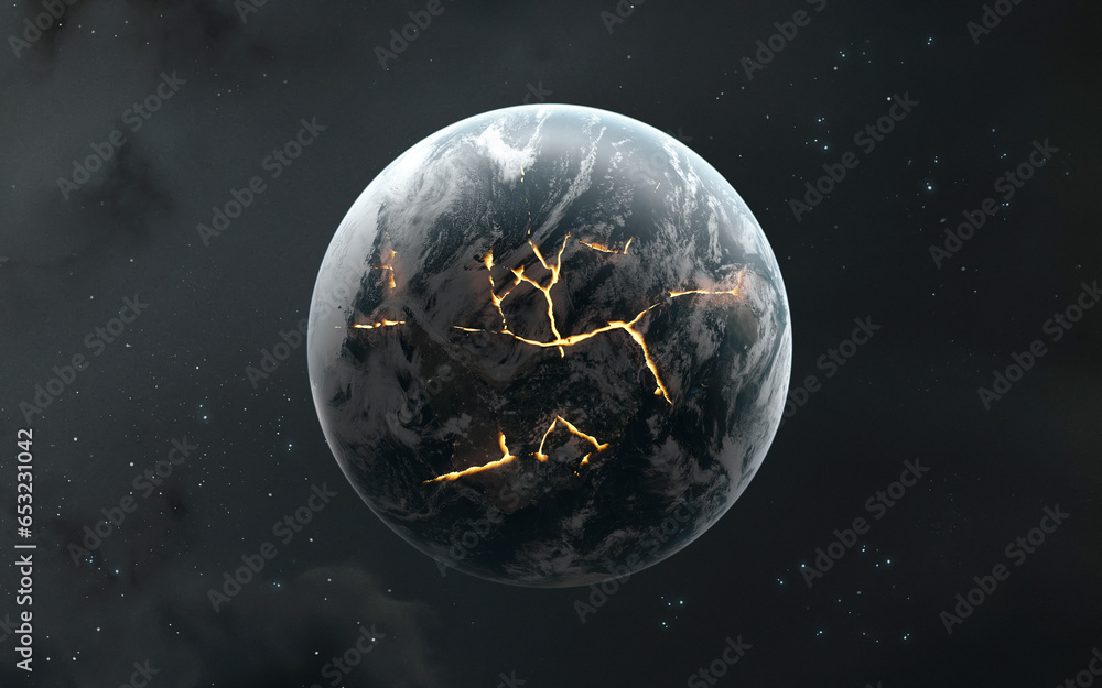 3D illustration of destruction of the planet Earth. Asteroid impact ...