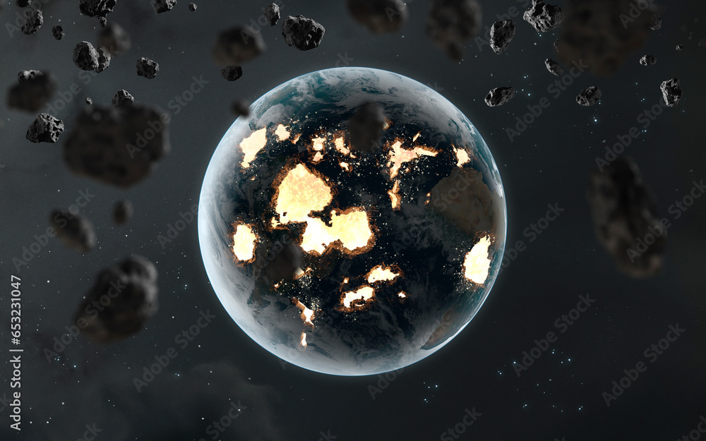 3D illustration of destruction of the planet Earth. Asteroid impact ...