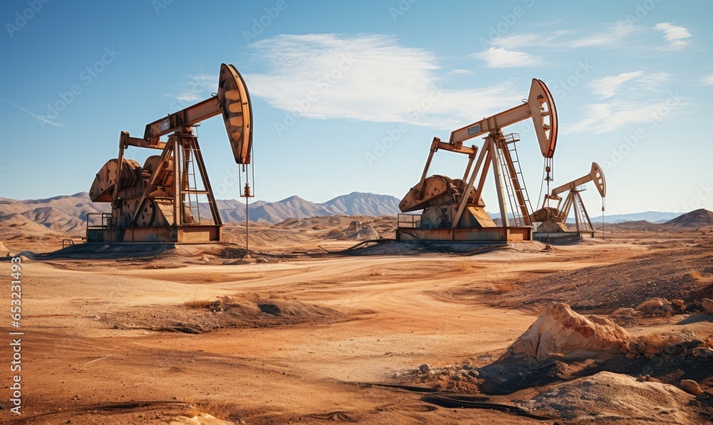 Old rusted crude oil pumpjack rig in desert. Oil drill rig and pump ...