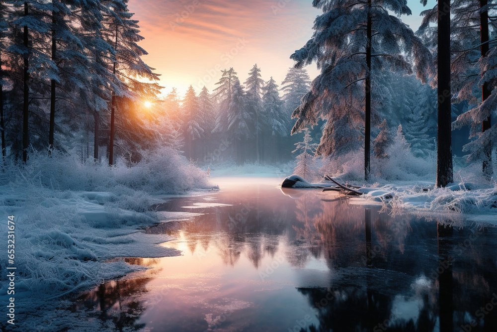 Ephemeral frozen forest landscape with the fleeting beauty of winter ...