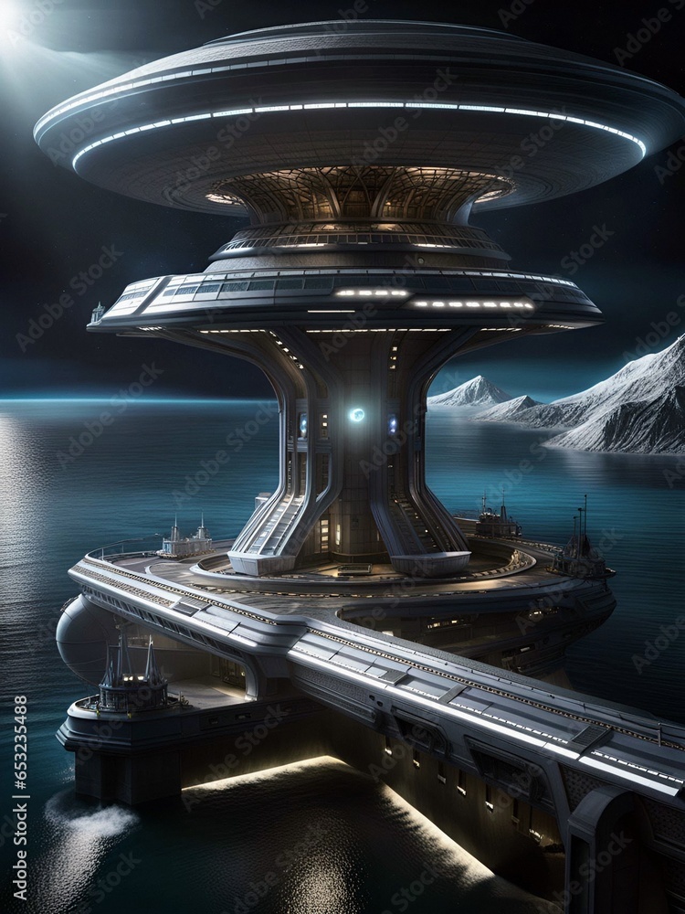 futuristic city on alien planet, science fiction scenery, mountains and ...