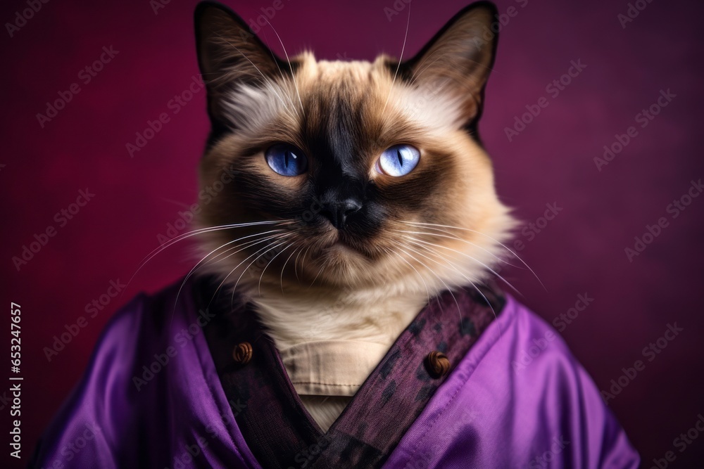 Close-up portrait photography of a funny balinese cat wearing a samurai ...