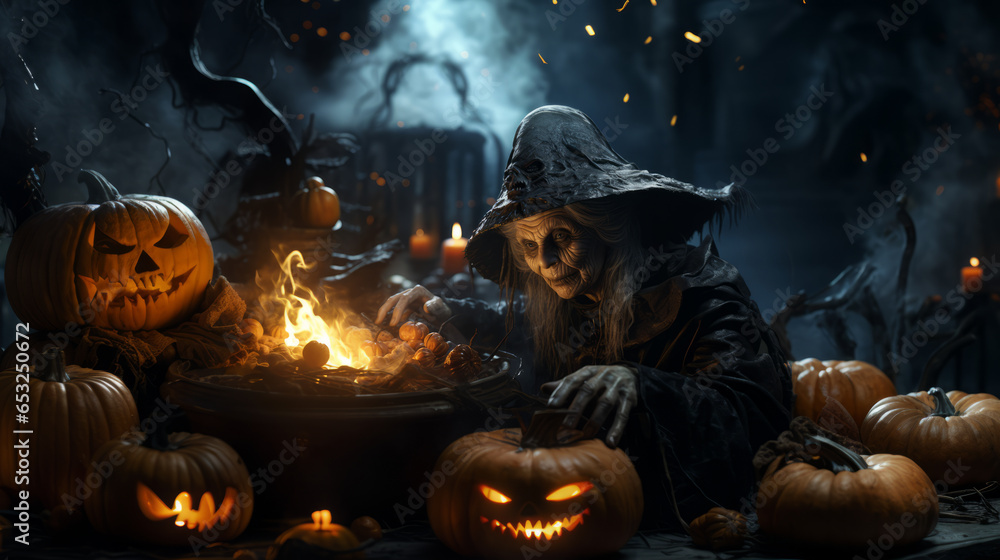 Very Old Witch with long grey hair into her Sorcery lab in front of a ...