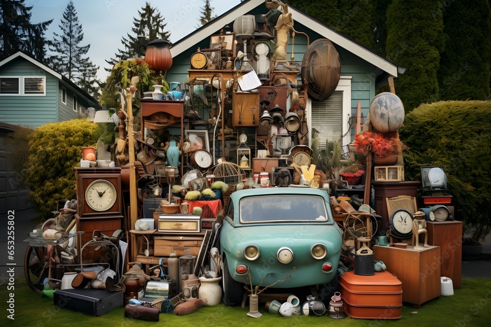 Cardboard boxes with used stuff for sale at the flea market,garage sale ...